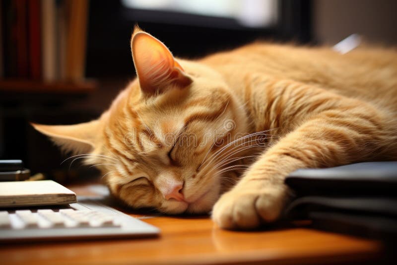 A Cat is Peacefully Sleeping on a Desk Next To a Keyboard Stock Photo ...