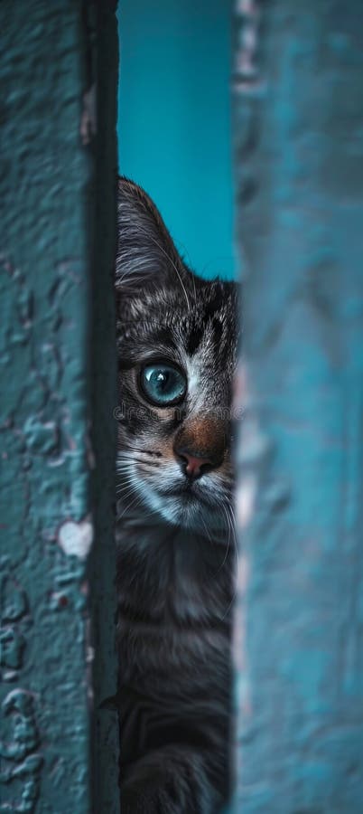A Cat Peeking Out from Behind a Blue Door Stock Image - Image of ...