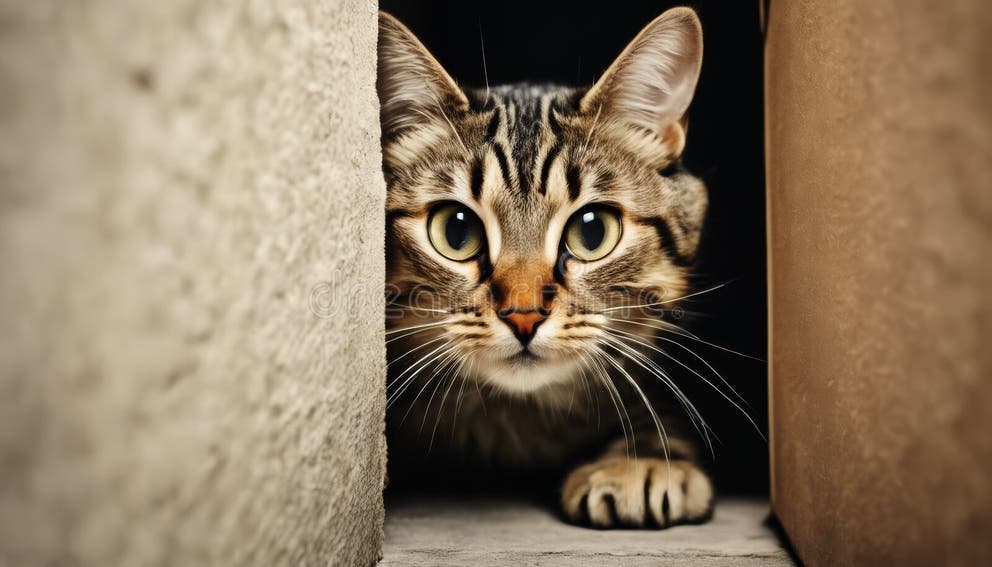 A Cat is Peeking Out from Behind a Box Stock Image - Image of funny ...