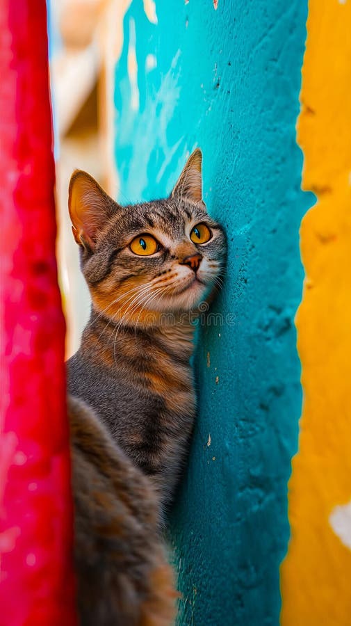 A Cat Peeking Out from Behind a Colorful Wall Stock Photo - Image of ...