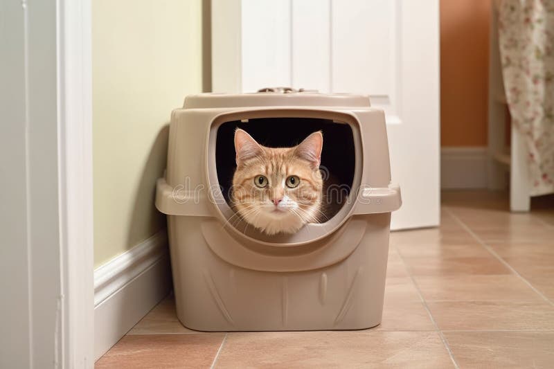 Cat Peeking Out from Behind Litter Box Stock Image - Image of feline ...