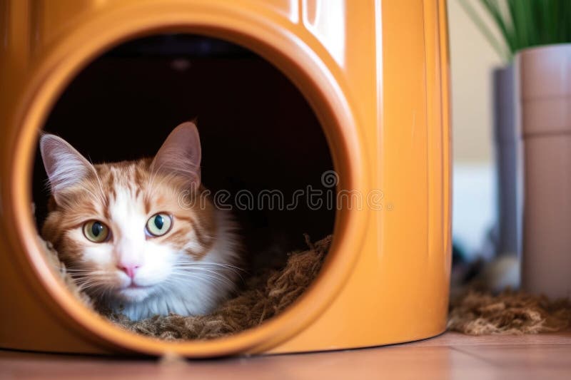 Cat Peeking Out from Behind Litter Box Stock Photo - Image of playful ...