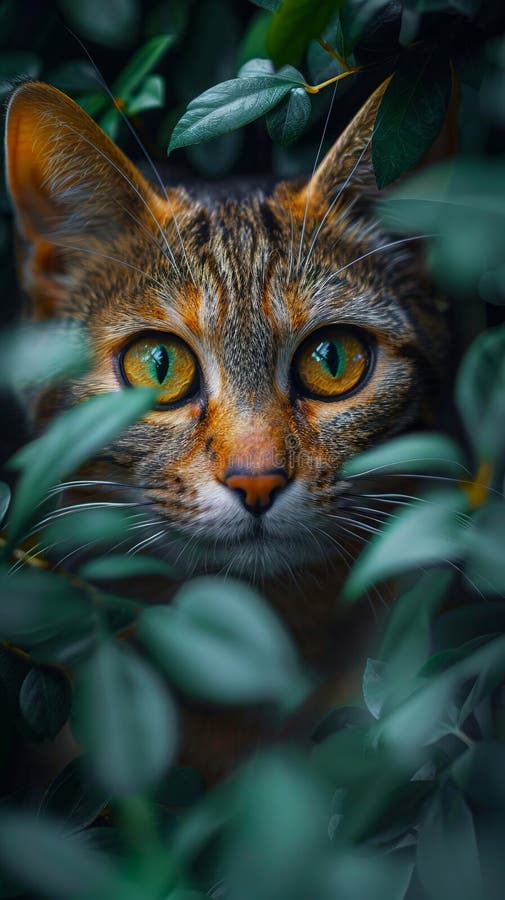 A Cat Peeking Out from Behind Some Leaves Stock Photo - Image of ...