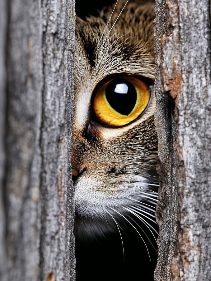 A Cat Peeking Out from Behind a Wooden Fence Stock Photo - Image of ...