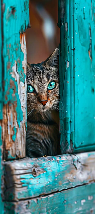 A Cat Peeking Out of a Blue Door with Blue Eyes Stock Photo - Image of ...