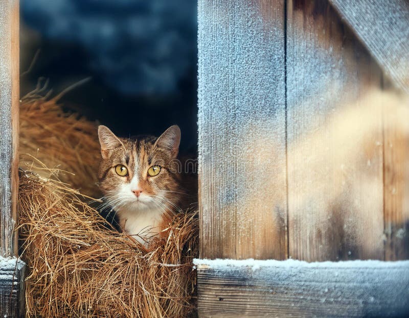 A Cat Peeking Out from a Haystack Inside a Barn Stock Illustration ...