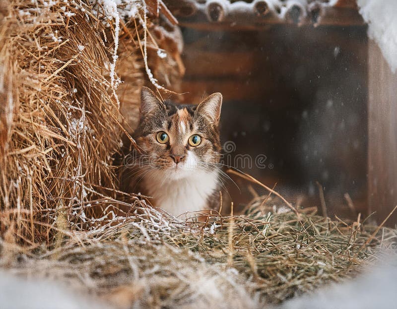 A Cat Peeking Out from a Haystack Inside a Barn Stock Illustration ...