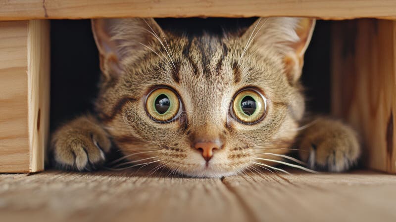 A Cat Peeking Out from Under a Wooden Box on the Floor, AI Stock Image ...