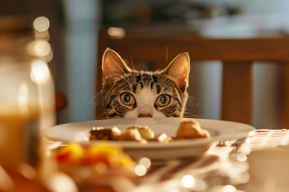 Cat Peeking Over Table, Plate of Food in Foreground. Stock Image ...