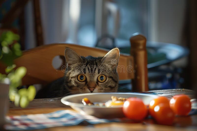 Cat Peeking Over Table, Plate of Food in Foreground. Stock Photo ...