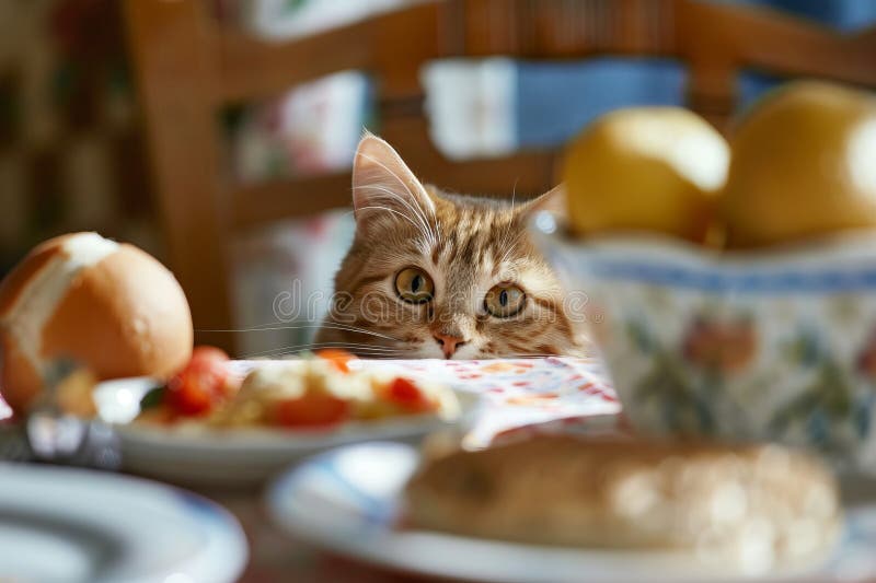 Cat Peeking Over Table, Plate of Food in Foreground. Stock Image ...
