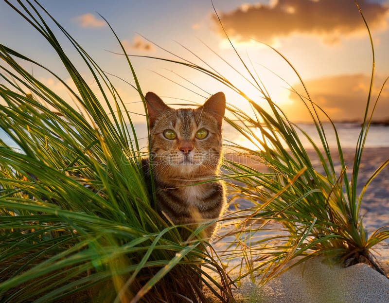 A Cat Peeking through the Tall Grass on a Remote Tropical Island Beach ...