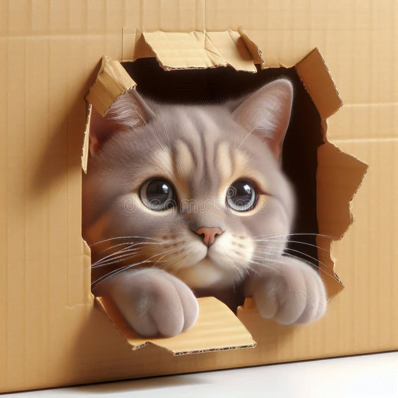 A Cat Peeks Out of a Hole in a Cardboard Box. Stock Image - Image of ...