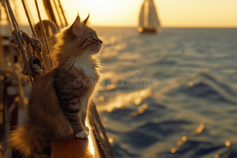 Cat Perched on Shipâ€™s Railing, Gazing at the Endless Sea Stock ...