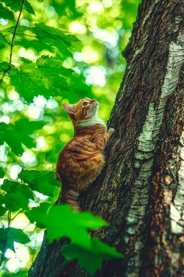 A Cat Perched beside a Tree, Gazing Upward at the Heavens with an ...