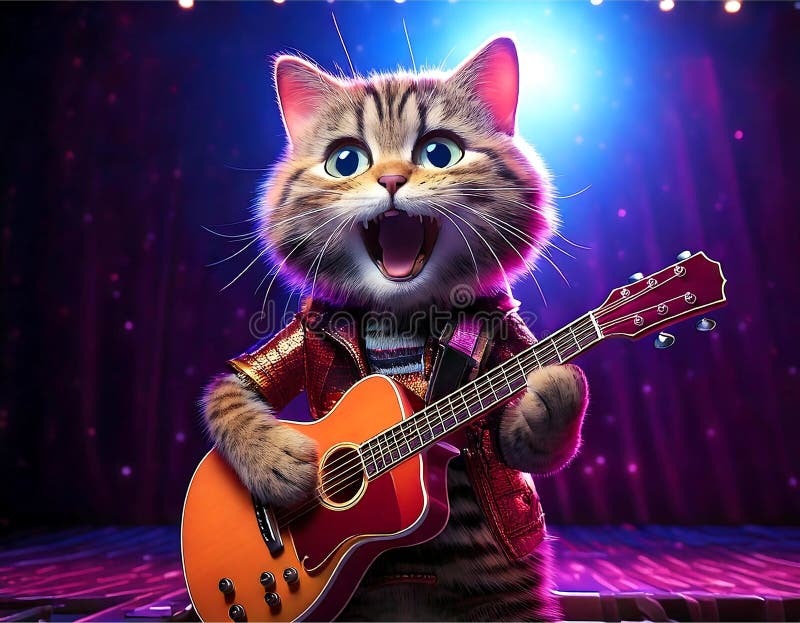 Cat Performing at Music Concert with Guitar Stock Illustration ...