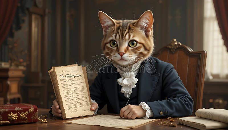 Cat in Period Costume Writing at Desk with Document Stack Stock ...