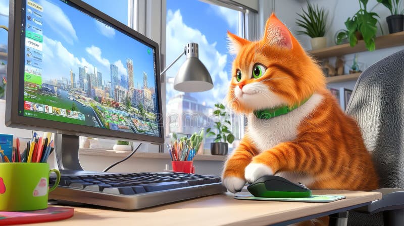 Cat Pet Animal Watch Desktop Computer with Keyboard Stock Illustration ...