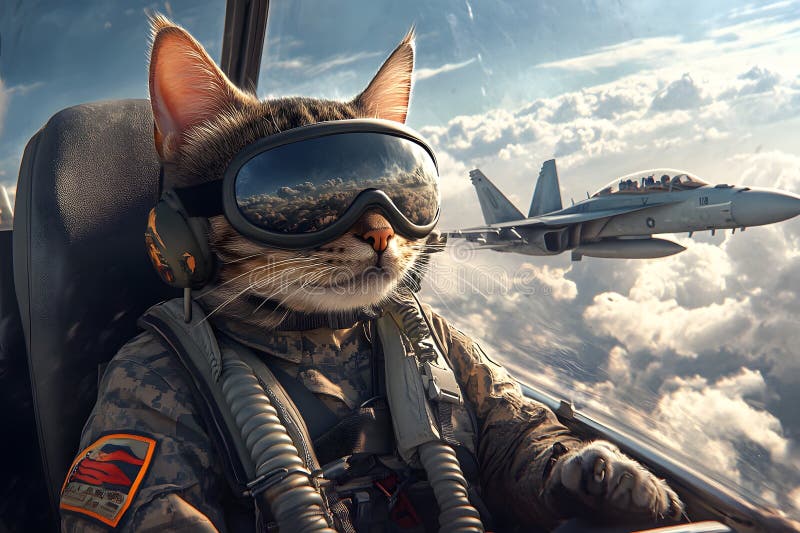 Cat Pilot in Cockpit, Aviator Helmet, Cloudy Sky Backdrop Stock ...