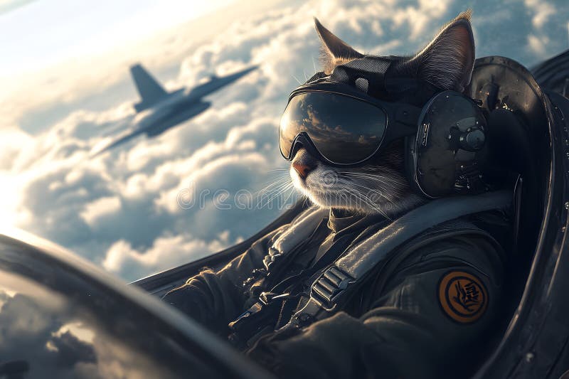 Cat Pilot in Cockpit, Clouds Background, Playful Scene Stock ...