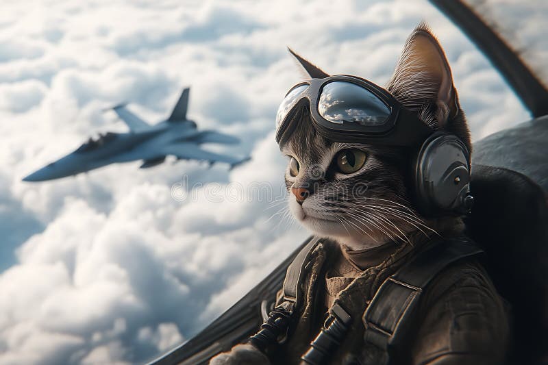 A Cat Pilot in a Cockpit with a Fighter Jet in the Background Stock ...