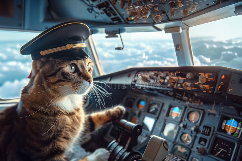 Cat Pilot in Cockpit Flying Above the Clouds Stock Photo - Image of ...