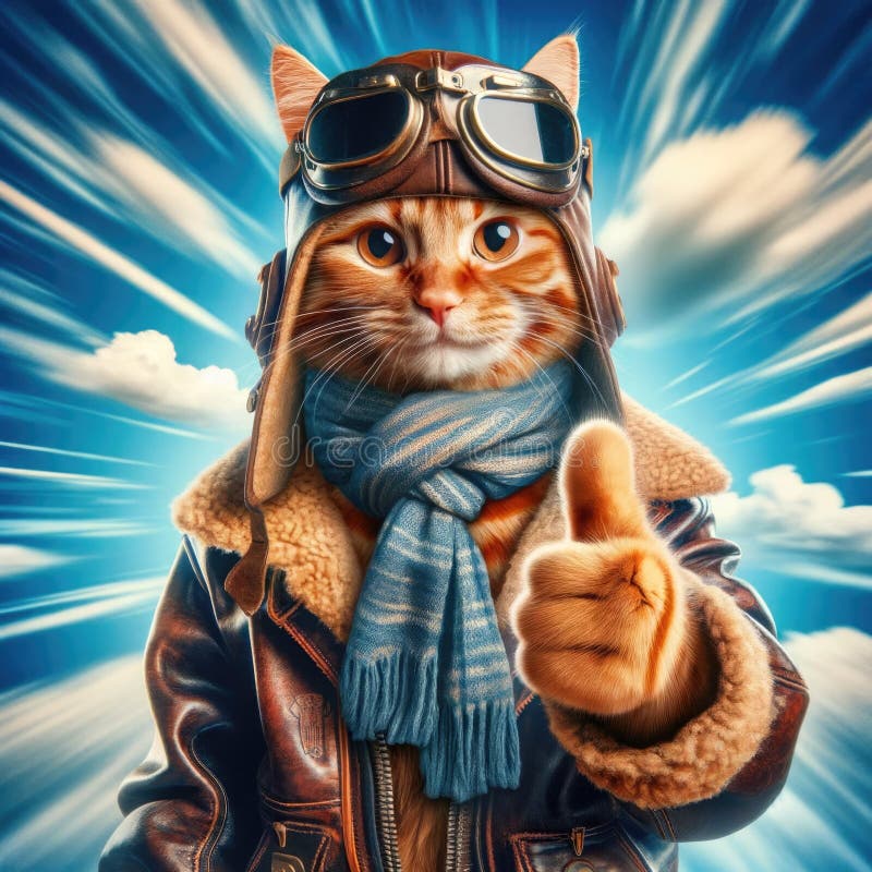 Cat Pilot in a Flying Cap and Uniform Against the Blue Sky. Safe Flight ...