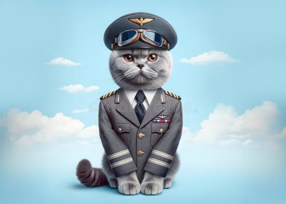 Cat Pilot in a Flying Cap and Uniform Against the Blue Sky. Safe Flight ...