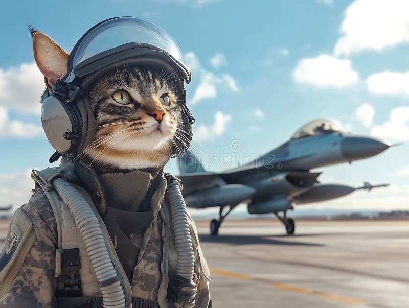 Cat in Pilot Gear, Military Aircraft Background, Clear Sky Stock ...