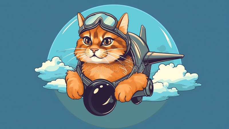 Cat with a Pilot Hat and Goggles, Flying a Plane. Cartoon Illustration ...