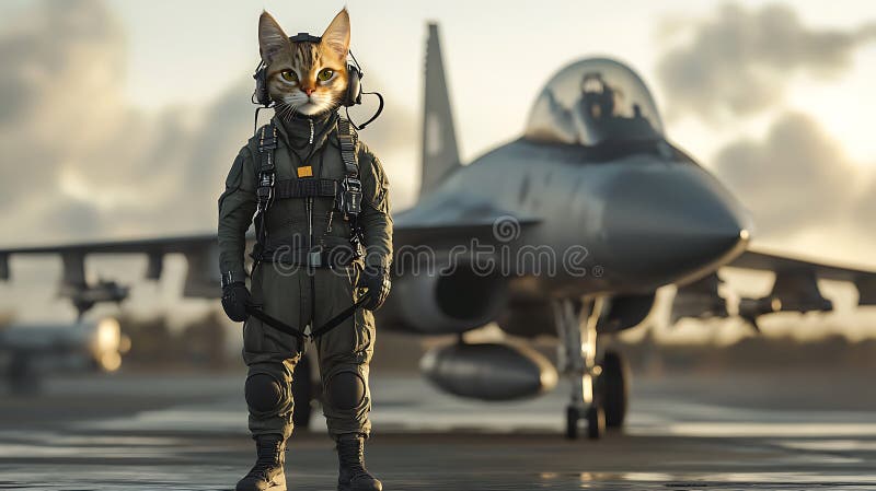 A Cat in a Pilot Suit Standing in Front of a Fighter Jet Stock ...