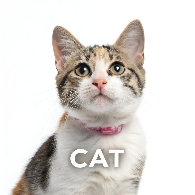 Cat with Pink Nose and "Cat" Text Isolated on White Background Stock ...
