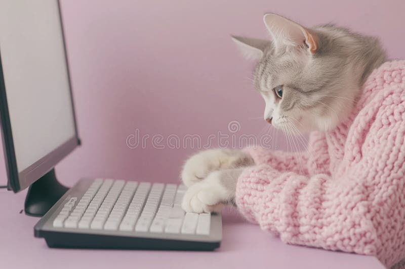 Cat in Pink Sweater Working on Computer Stock Illustration ...