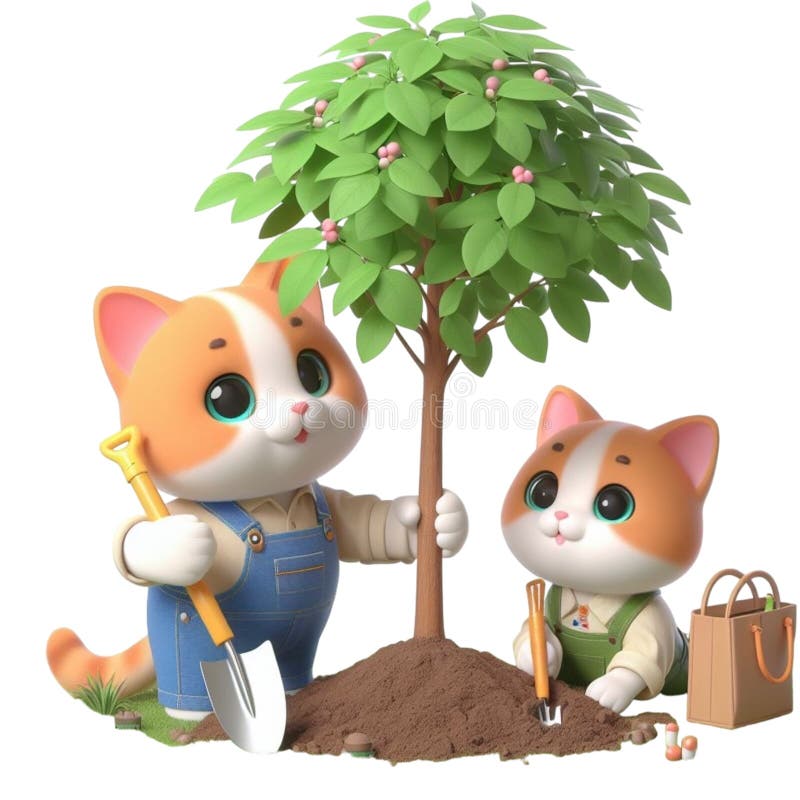 Cat planting a tree stock illustration. Illustration of collection ...