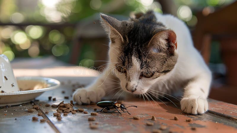 Cat Play with Dark Brown Beetle on the Table . Generative Ai Stock ...