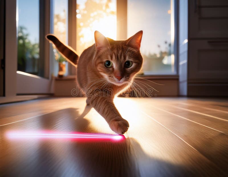 A Cat Playfully Chasing a Laser Pointer Dot on the Floor Stock ...