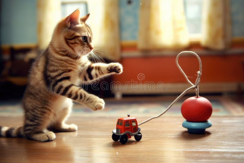 Cat Playfully Chasing a Wind-up Toy Mouse Stock Image - Image of ...