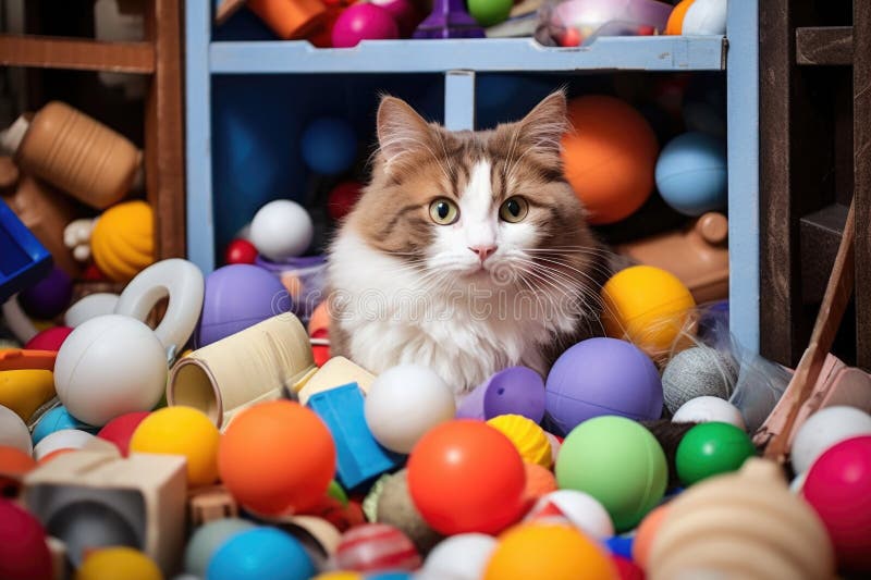 Cat Playfully Hiding in a Box among Toys and Balls Stock Photo - Image ...