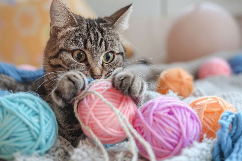 Cat Playing with Balloon Yarn Stock Illustration - Illustration of fluffy, animal: 326369813