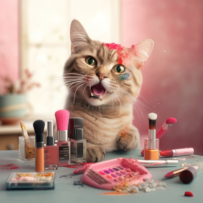 Cat Playing with Cosmetics in Beauty and Fashion Concept. Stock Photo ...