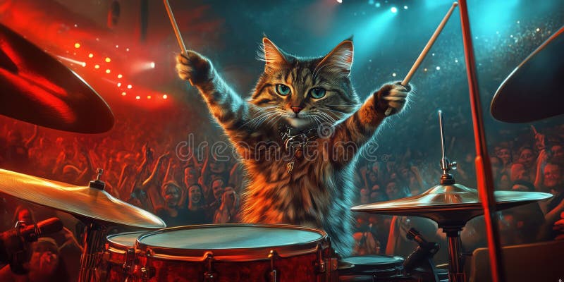 Cat Playing Drums in Front of a Lively Concert Crowd with Vibrant Stage ...