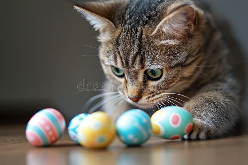 A Cat Playing with Easter Eggs, Playful and Humorous, Pet Theme. Stock ...