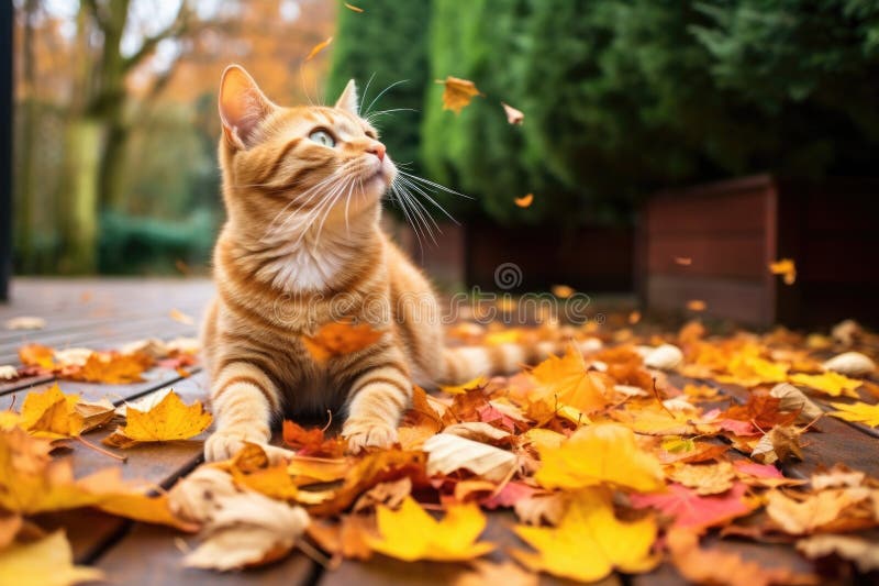 Cat Playing with Fallen Autumn Leaves on a Patio Stock Photo - Image of ...