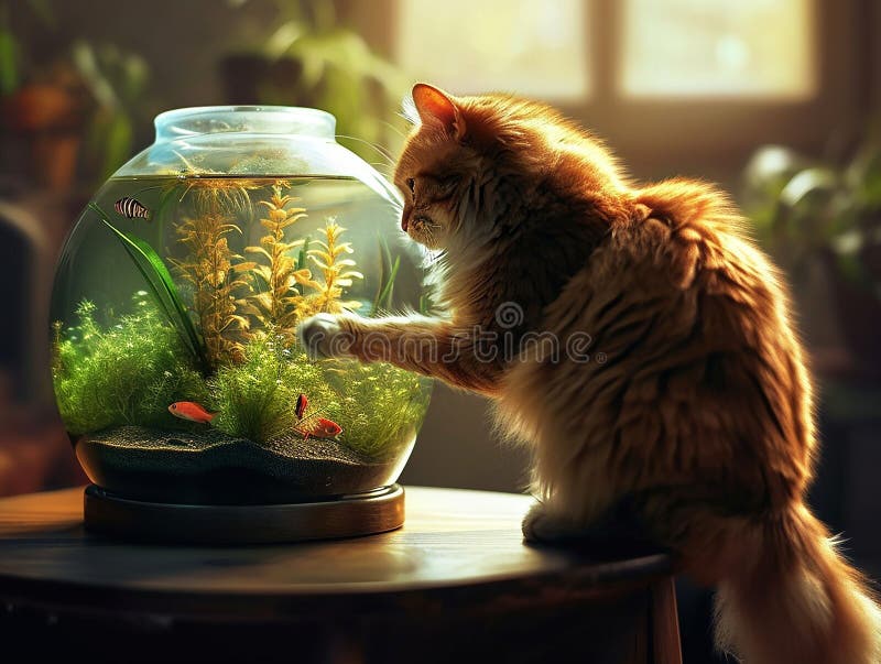Cat is Playing with Fish in the Aquarium Stock Illustration ...