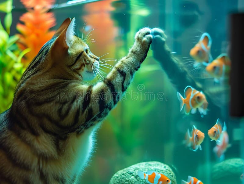 Cat is Playing with Fish in the Aquarium Stock Illustration ...