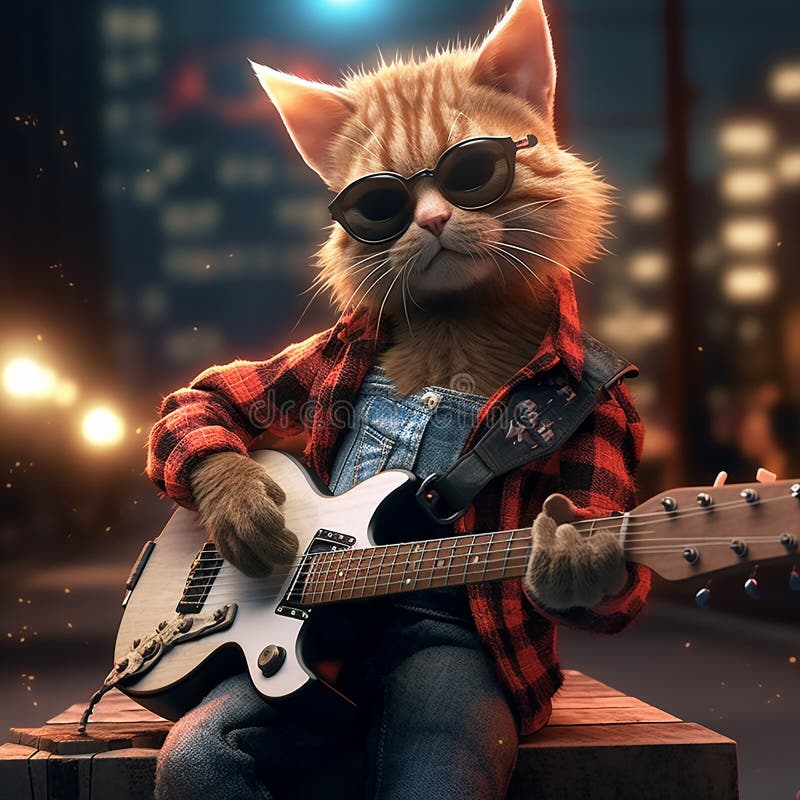 Cat Playing the Guitar with Backlights on Stage, Wearing Sunglasses ...