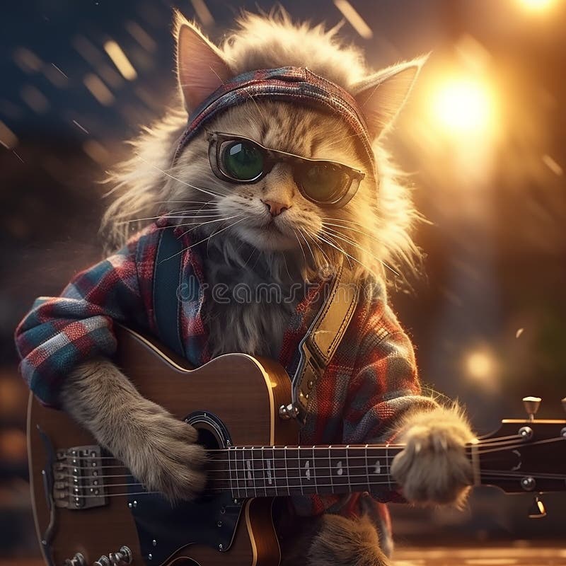 Cat Playing the Guitar with Backlights on Stage, Wearing Sunglasses ...