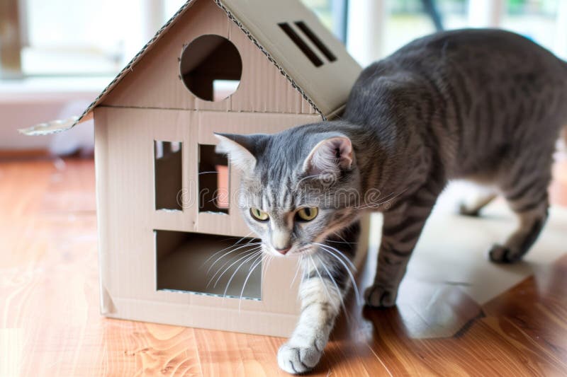 Cat Playing Inside a Cardboard House with Cutout Windows Stock Photo ...