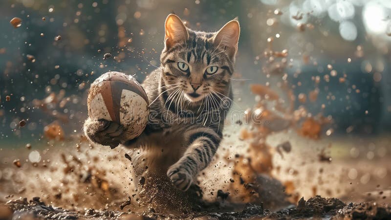 Cat Playing with a Muddy Rugby Ball in Dynamic Action Stock Photo ...