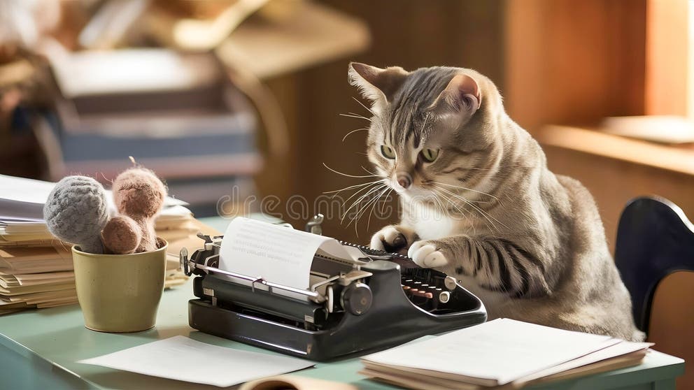 Cat Playing on Old Typewriter Stock Illustration - Illustration of ...